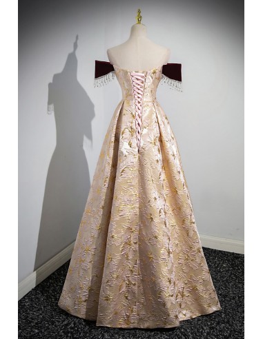 Off The Shoulder Rose Gold Embossed Floral Prom Dress with Beading ...