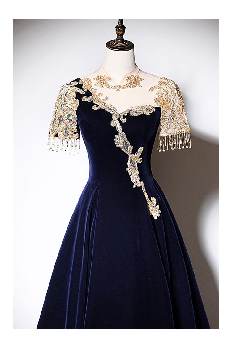 Elegant Navy Blue Velvet Prom Dress With Sleeves - $143.992 #E76084 ...