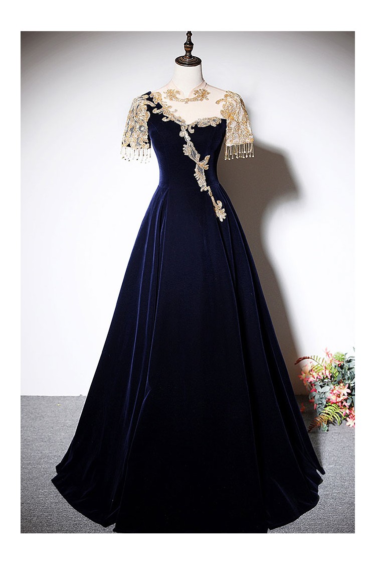 Elegant Navy Blue Velvet Prom Dress With Sleeves - $143.992 #E76084 ...