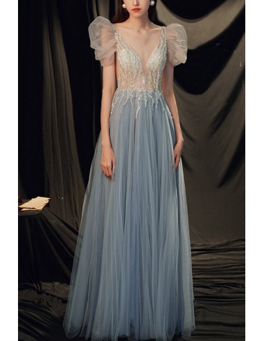 Flowy Blue Tulle Aline Sexy Prom Dress With Beadings - $93.99 #PBY6019 ...
