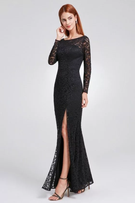 Black Elegant Long Sleeve Lace Evening Party Dress 52 Ep08883bk