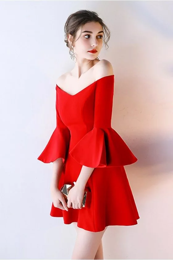 Red Off Shoulder Short Homecoming Dress with Sleeves - $73.98 #HTX86114 ...