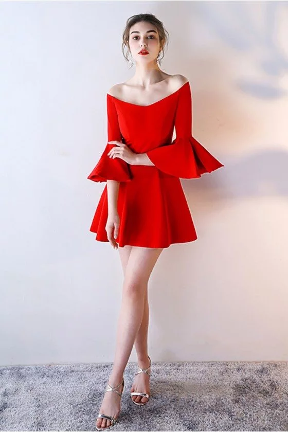 Red Off Shoulder Short Homecoming Dress with Sleeves - $73.98 #HTX86114 ...