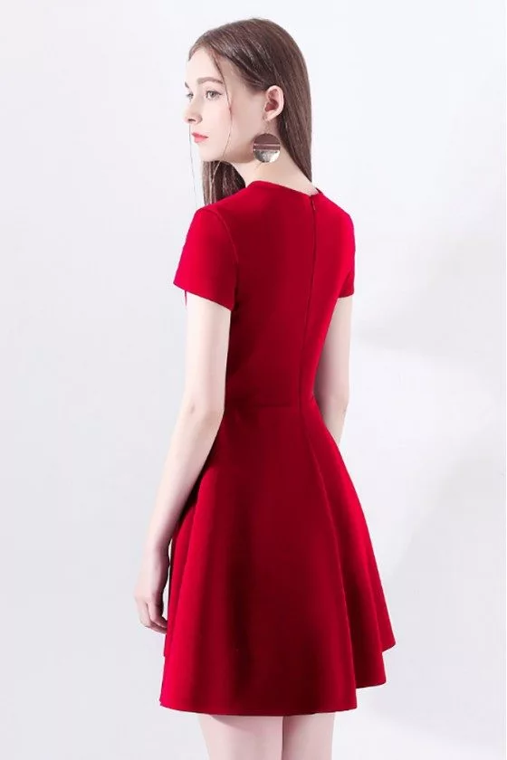 Burgundy Red Flare Short Party Dress With Short Sleeves Bow Knot - $60. ...