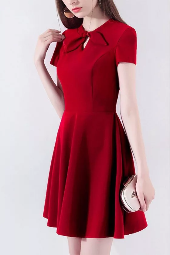 Burgundy Red Flare Short Party Dress With Short Sleeves Bow Knot - $60. ...