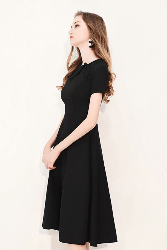 Retro Chic Black Knee Length Party Dress With Bow Knot Short Sleeves